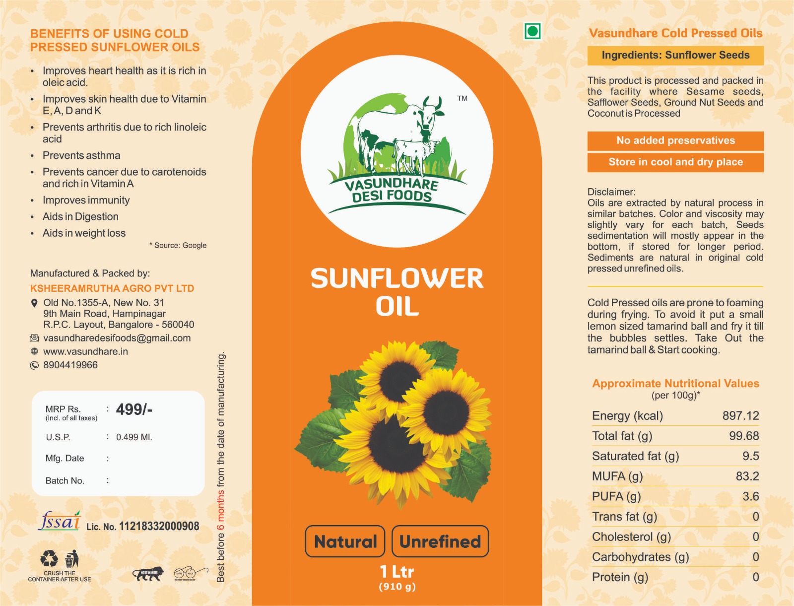 Buy Cold Pressed Sunflower Oil In Bangalore Vasundhare